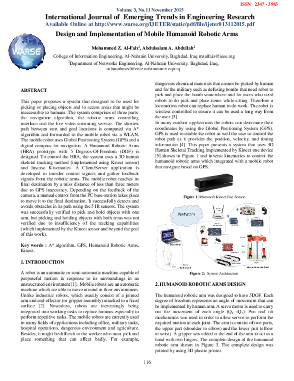 (PDF) Design and Implementation of Mobile Humanoid Robotic Arms