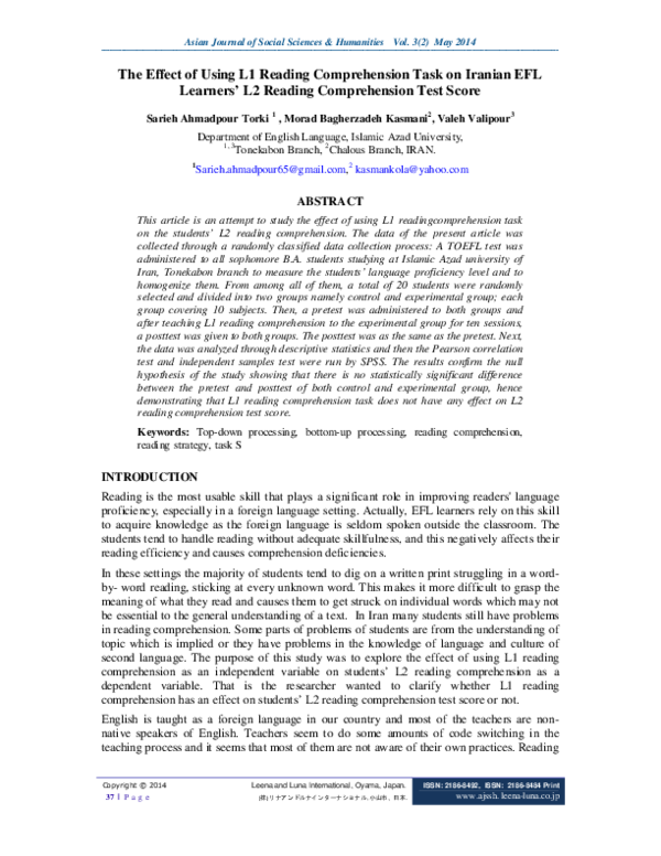 (PDF) The Effect of Using L1 Reading Comprehension Task on Iranian EFL Learners’ L2 Reading ...