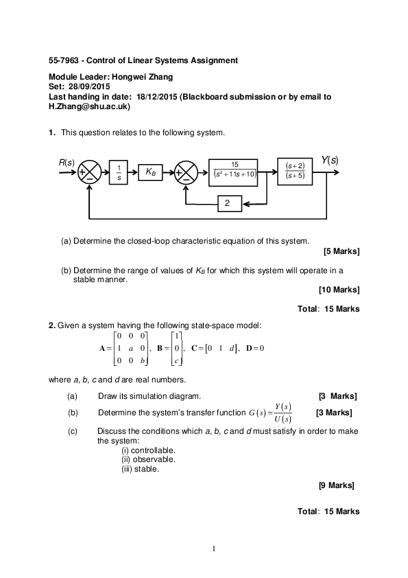 (PDF) 55-7963 Control of Linear Systems Assignment 1516