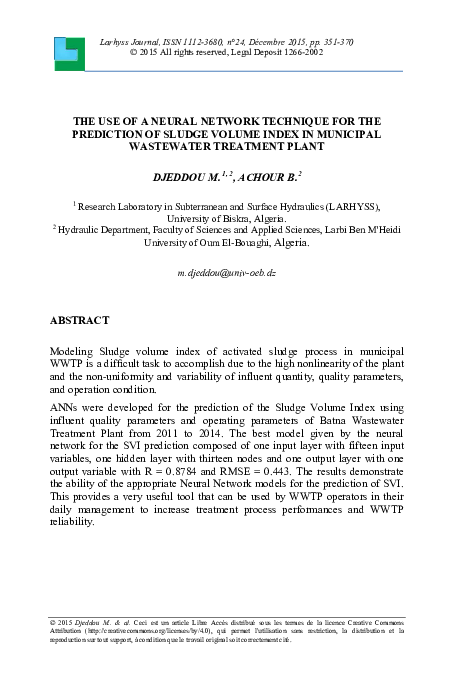(PDF) THE USE OF A NEURAL NETWORK TECHNIQUE FOR THE PREDICTION OF SLUDGE VOLUME INDEX IN ...