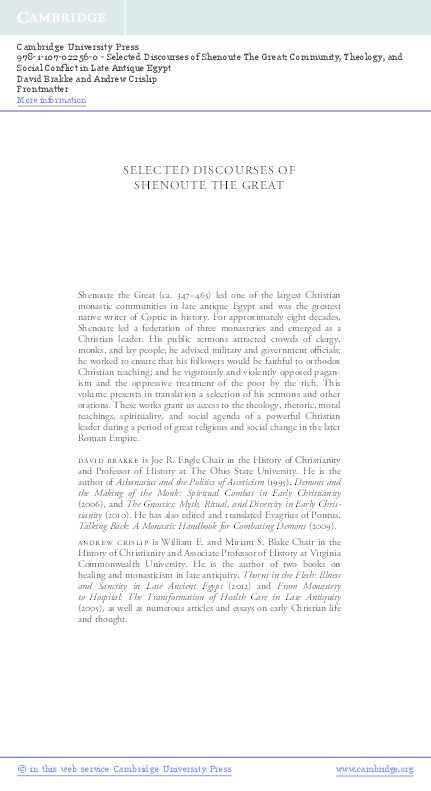 (PDF) Selected Discourses of Shenoute the Great: Community, Theology ...
