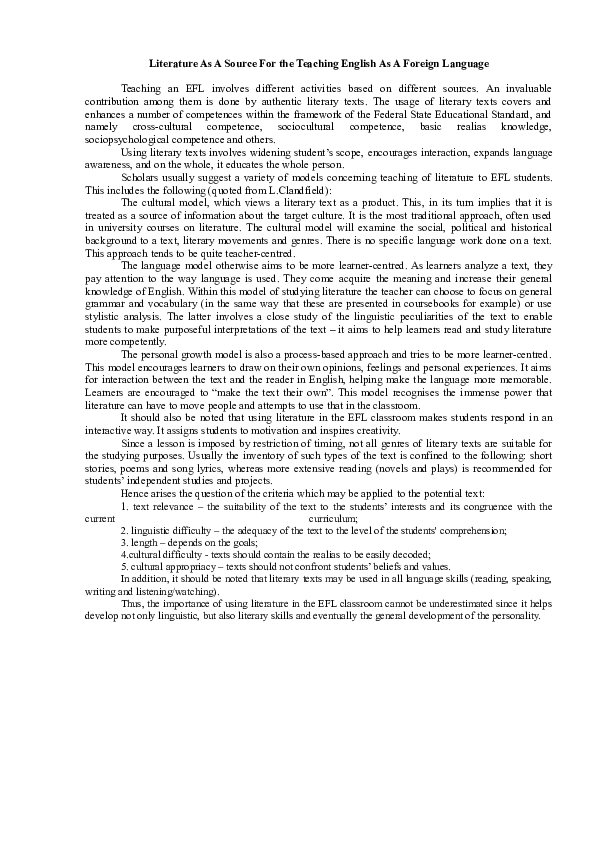 (DOC) Literature As A Source For Teaching English As A Foreign Language