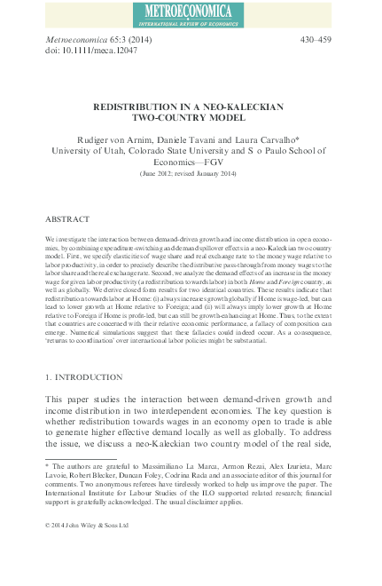 (PDF) Redistribution in a neo-Kaleckian two country model | Rudiger von ...