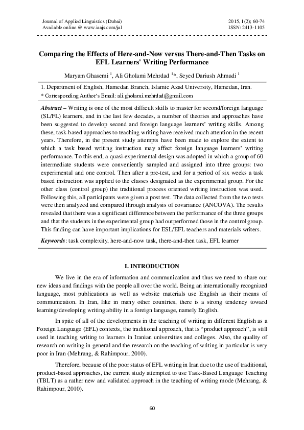 (PDF) Comparing the Effects of Here-and-Now versus There-and-Then Tasks on EFL Learners' Writing ...