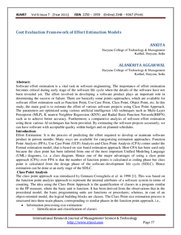 Pdf Cost Evaluation Framework Of Effort Estimation Models