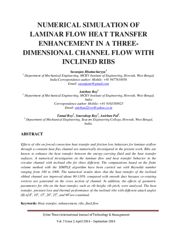 (PDF) NUMERICAL SIMULATION OF LAMINAR FLOW HEAT TRANSFER ENHANCEMENT IN A THREE-DIMENSIONAL ...