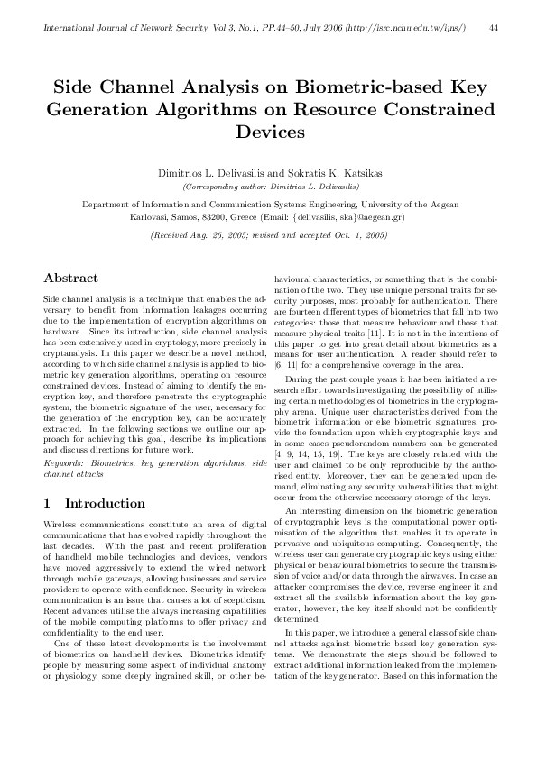 (PDF) Side channel analysis on biometric-based key generation algorithms on resource constrained ...