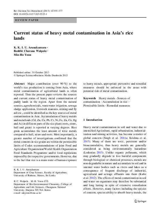 (PDF) Current status of heavy metal contamination in Asia’s rice lands