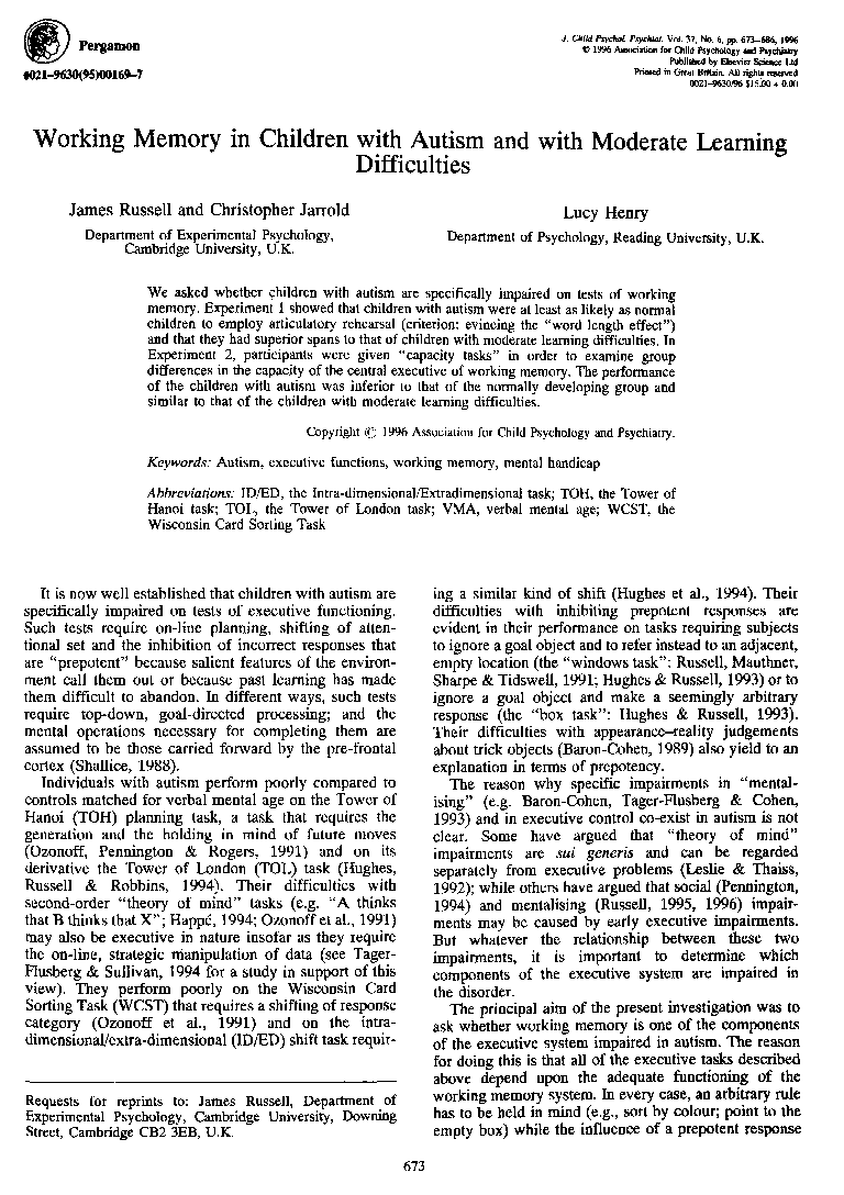 (PDF) Working Memory in Children with Autism and with Moderate Learning ...