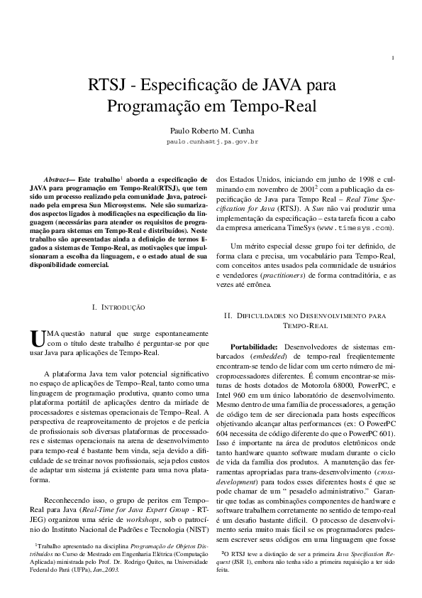 (PDF) RTSJ - Especificação de JAVA para Programação em Tempo-Real