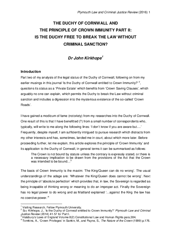 (PDF) The Duchy of Cornwall and the Principle of Crown Immunity Part II