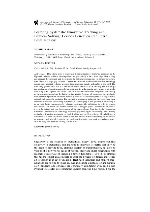 (PDF) Fostering Systematic Innovative Thinking and Problem Solving ...