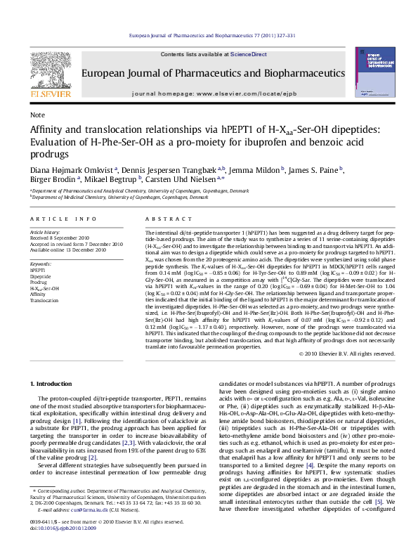 (PDF) Affinity and translocation relationships via hPEPT1 of H-Xaa-Ser ...