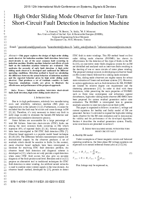 Pdf High Order Sliding Mode Observer For Inter Turn Short Circuit Fault Detection In Induction