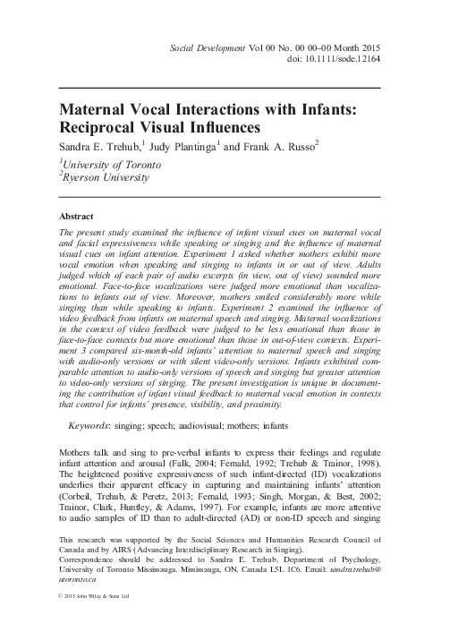 (PDF) Maternal vocal interactions with infants: Reciprocal visual ...