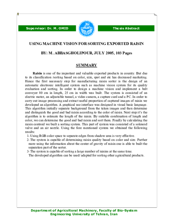 (PDF) USING MACHINE VISION FOR SORTING EXPORTED RAISIN