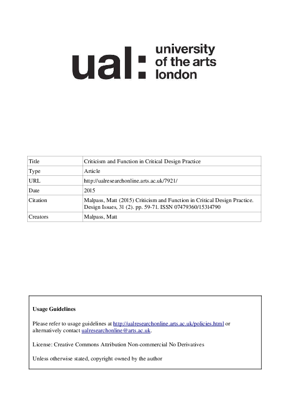 (PDF) Criticism and Function in Critical Design