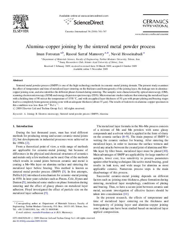 (PDF) Alumina–copper joining by the sintered metal powder process