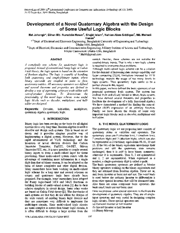 (PDF) Development of a novel quaternary algebra with the design of some useful logic blocks