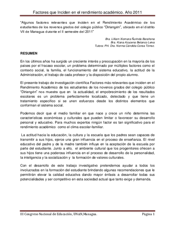 (PDF) Factores que Inciden en el rendimiento académico. Año 2011