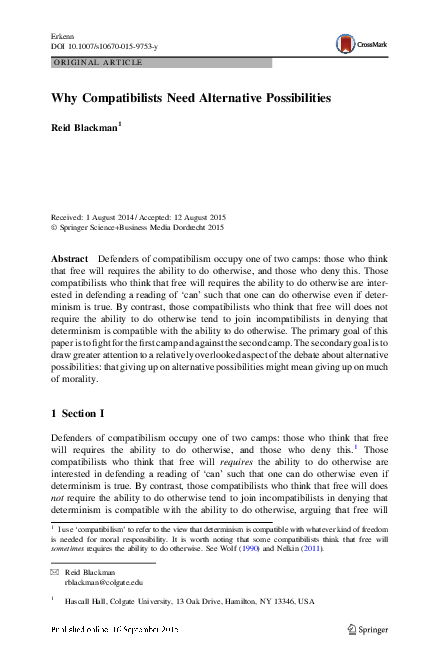 (PDF) Why Compatibilists Need Alternative Possibilities (Erkenntnis)