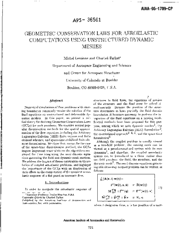 Pdf Geometric Conservation Laws For Aeroelastic Computations Using Unstructured Dynamic Meshes