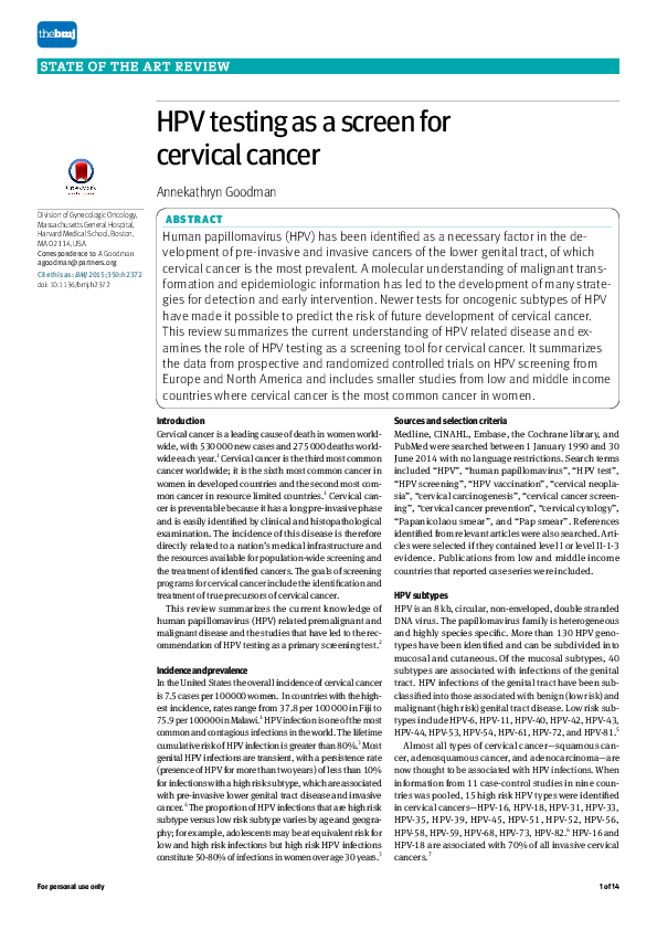 (PDF) HPV testing as a screen for cervical cancer