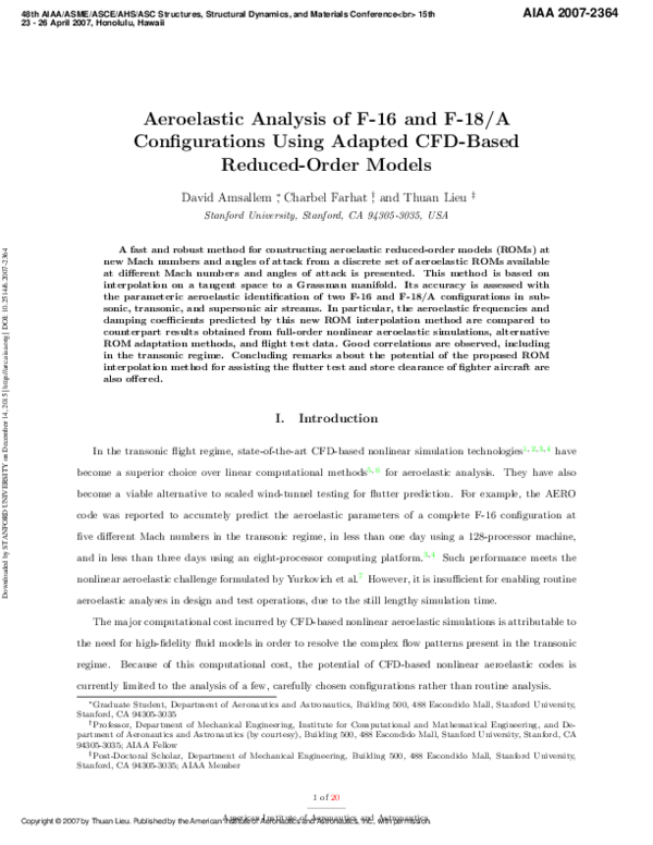 Pdf Aeroelastic Analysis Of F 16 And F 18a Configurations Using Adapted Cfd Based Reduced