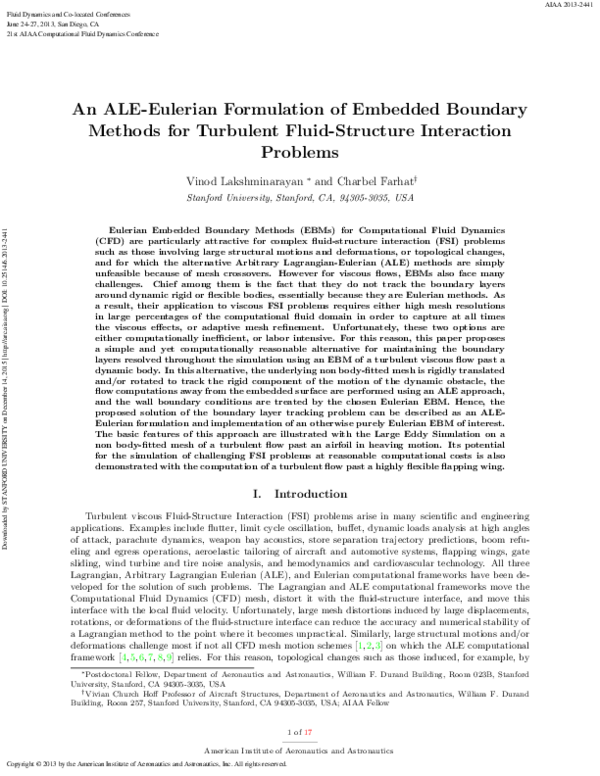 Pdf An Ale Eulerian Formulation Of Embedded Boundary Methods For