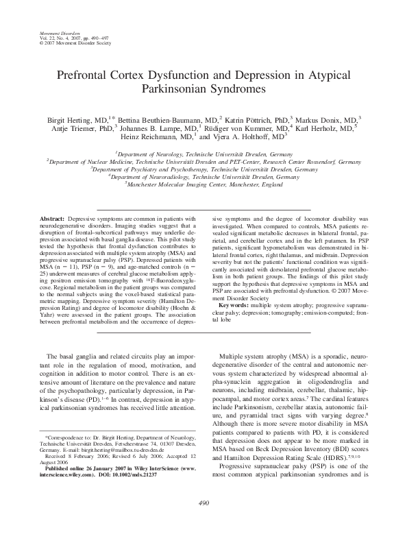 (PDF) Prefrontal cortex dysfunction and depression in atypical ...