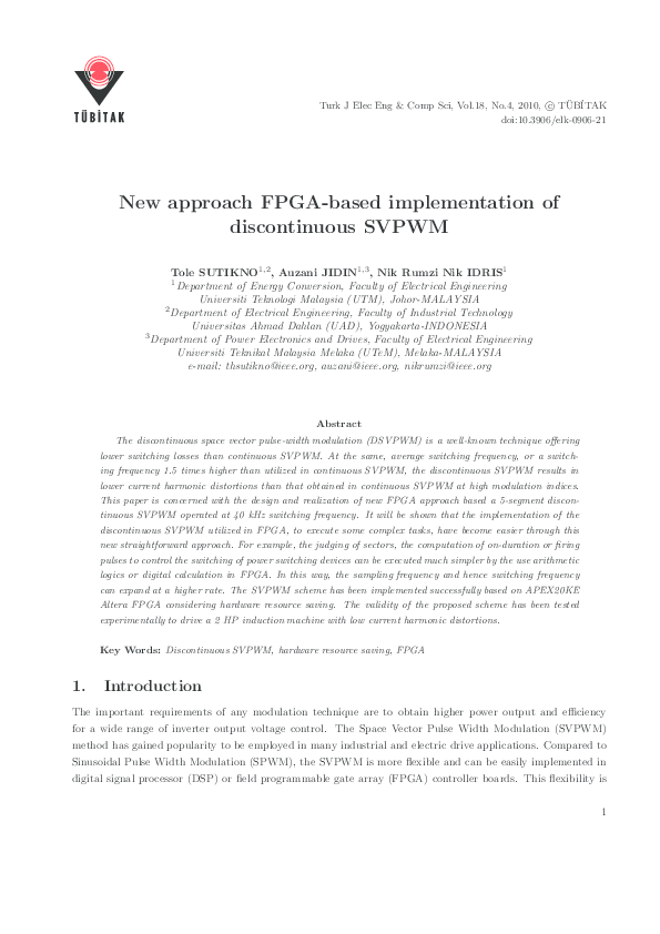 (PDF) New approach FPGA-based implementation of discontinuous SVPWM