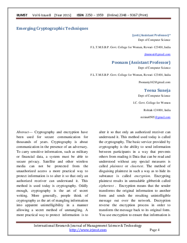 (PDF) Emerging Cryptographic Techniques