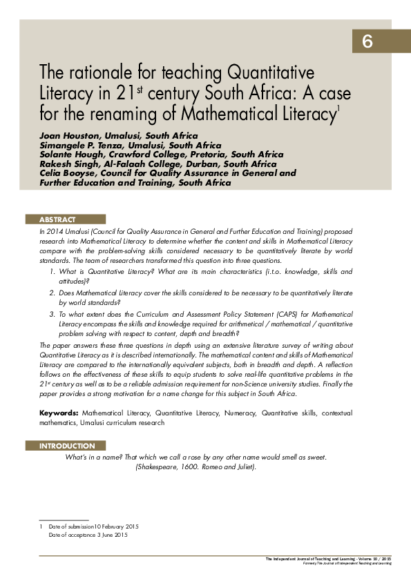 (PDF) The rationale for teaching Quantitative Literacy in 21st century ...
