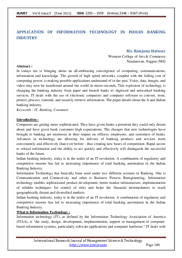 (PDF) APPLICATION OF INFORMATION TECHNOLOGY IN INDIAN BANKING INDUSTRY