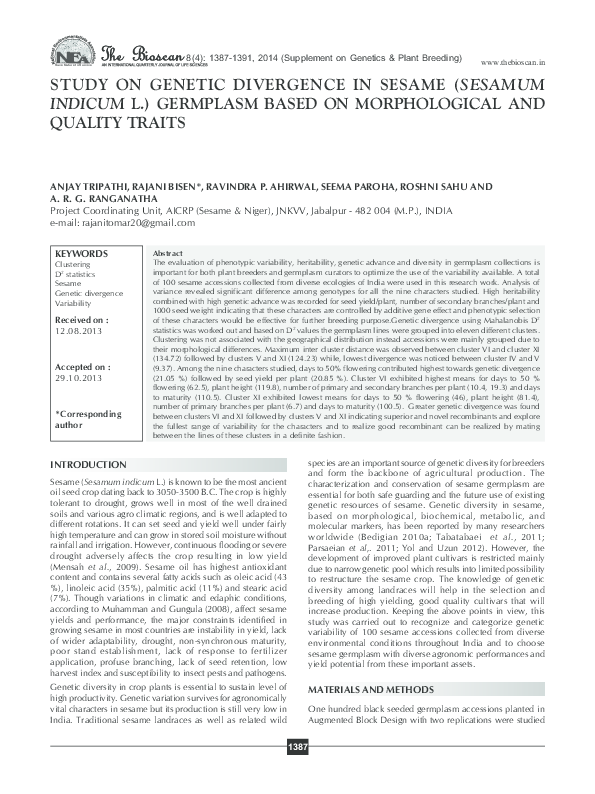 (PDF) STUDY ON GENETIC DIVERGENCE IN SESAME (SESAMUM INDICUM L ...