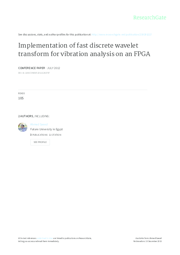 Pdf Implementation Of Fast Discrete Wavelet Transform For Vibration Analysis On An Fpga