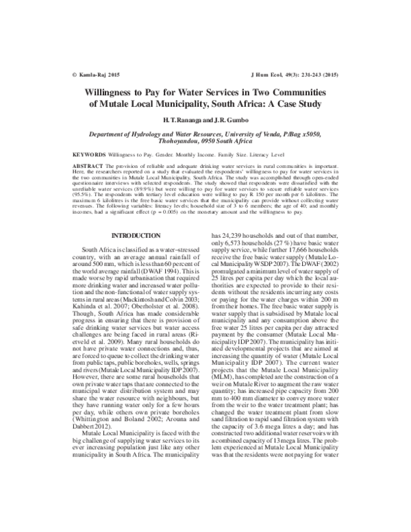 (PDF) Willingness to Pay for Water Services in Two Communities of ...