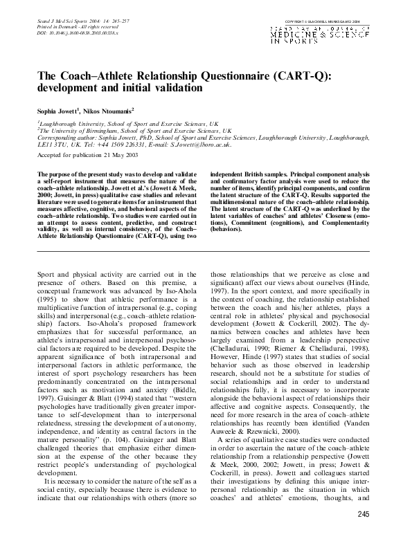(PDF) The Coach-Athlete Relationship Questionnaire (CART-Q): development and initial validation