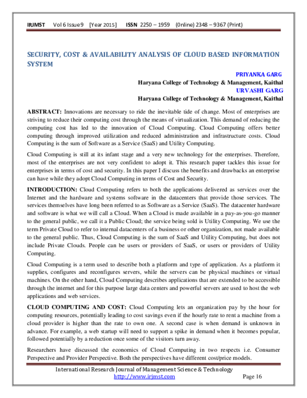 (PDF) SECURITY, COST & AVAILABILITY ANALYSIS OF CLOUD BASED INFORMATION SYSTEM