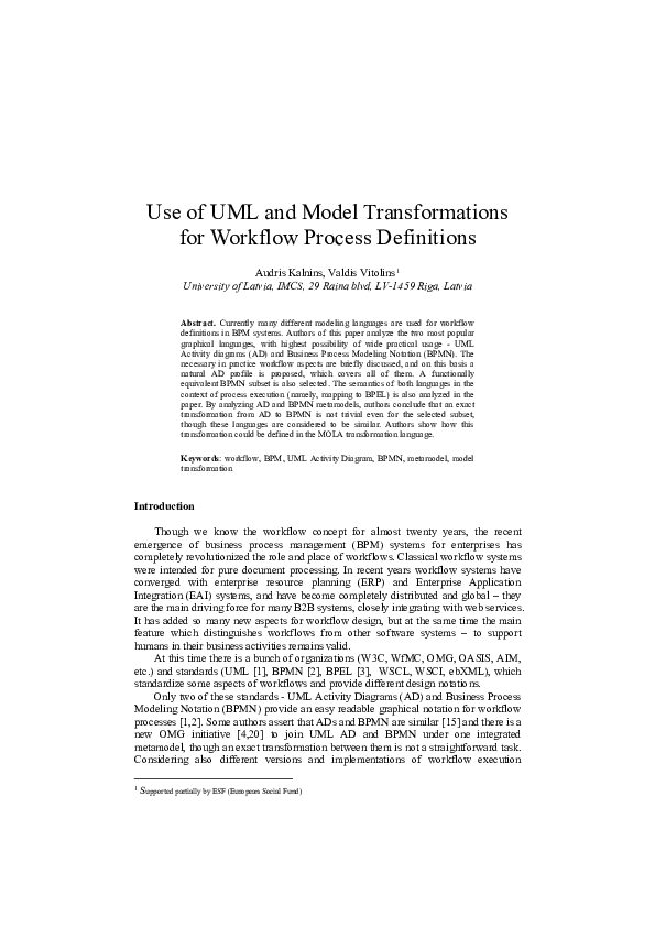 (PDF) Use of UML and model transformations for workflow process definitions