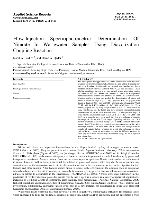 (PDF) Flow-Injection Spectrophotometric Determination Of Nitarate In Wastewater Samples Using ...