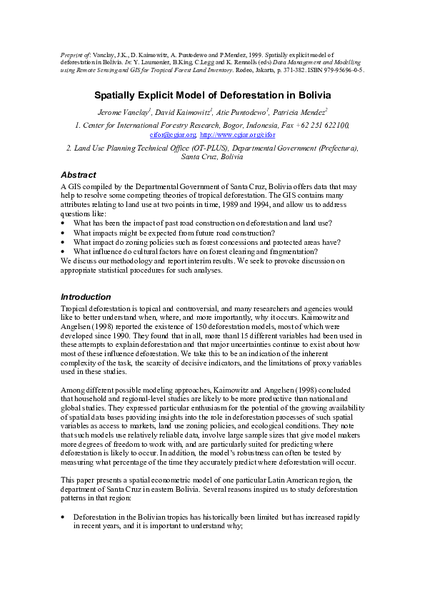 (PDF) Spatially explicit model of deforestation in Bolivia | Jerome K ...