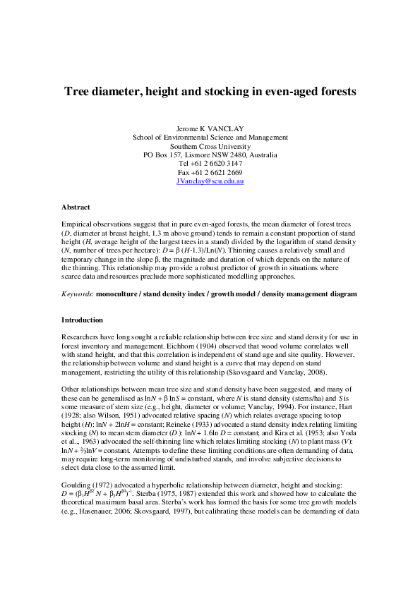 (PDF) Tree diameter, height and stocking in even-aged forests