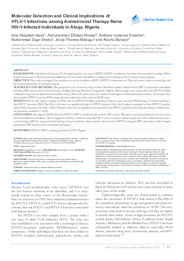 Pdf Molecular Detection And Clinical Implications Of Htlv 1