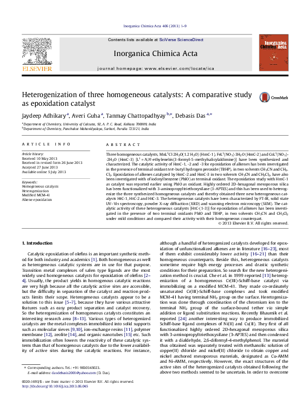 (PDF) Heterogenization of three homogeneous catalysts: A comparative ...