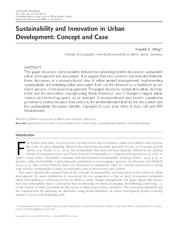 Sustainability and Innovation in Urban Development: Concept and Case