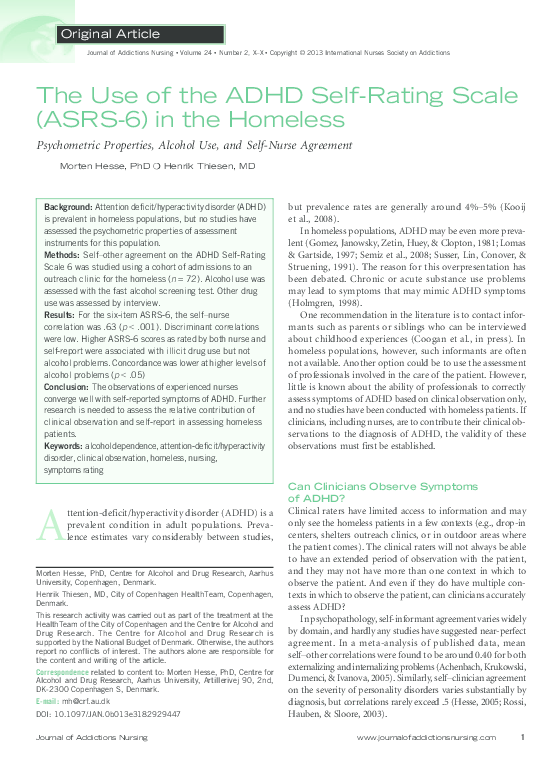 (PDF) The Use of the ADHD Self-Rating Scale (ASRS-6) in the Homeless