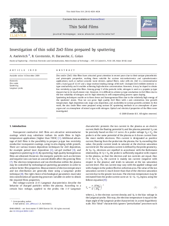 (PDF) Investigation of thin solid ZnO films prepared by sputtering