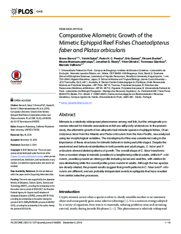 Comparative Allometric Growth of the Mimetic Ephippid Reef Fishes ...
