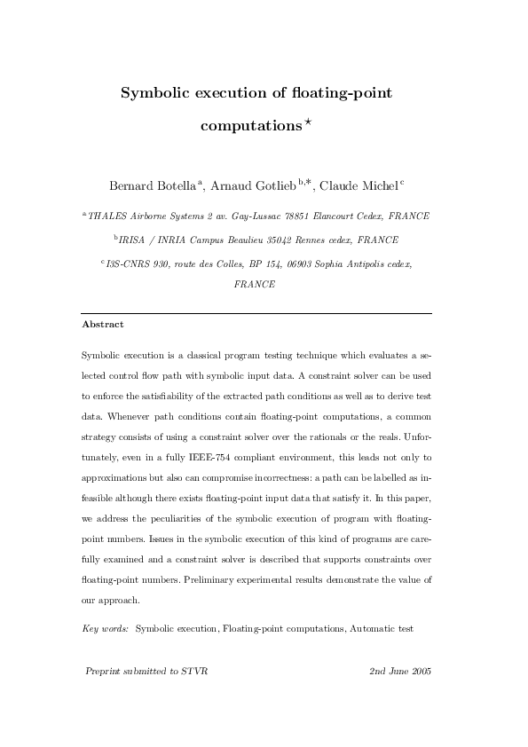 Pdf Symbolic Execution Of Floating Point Computations Claude Michel 